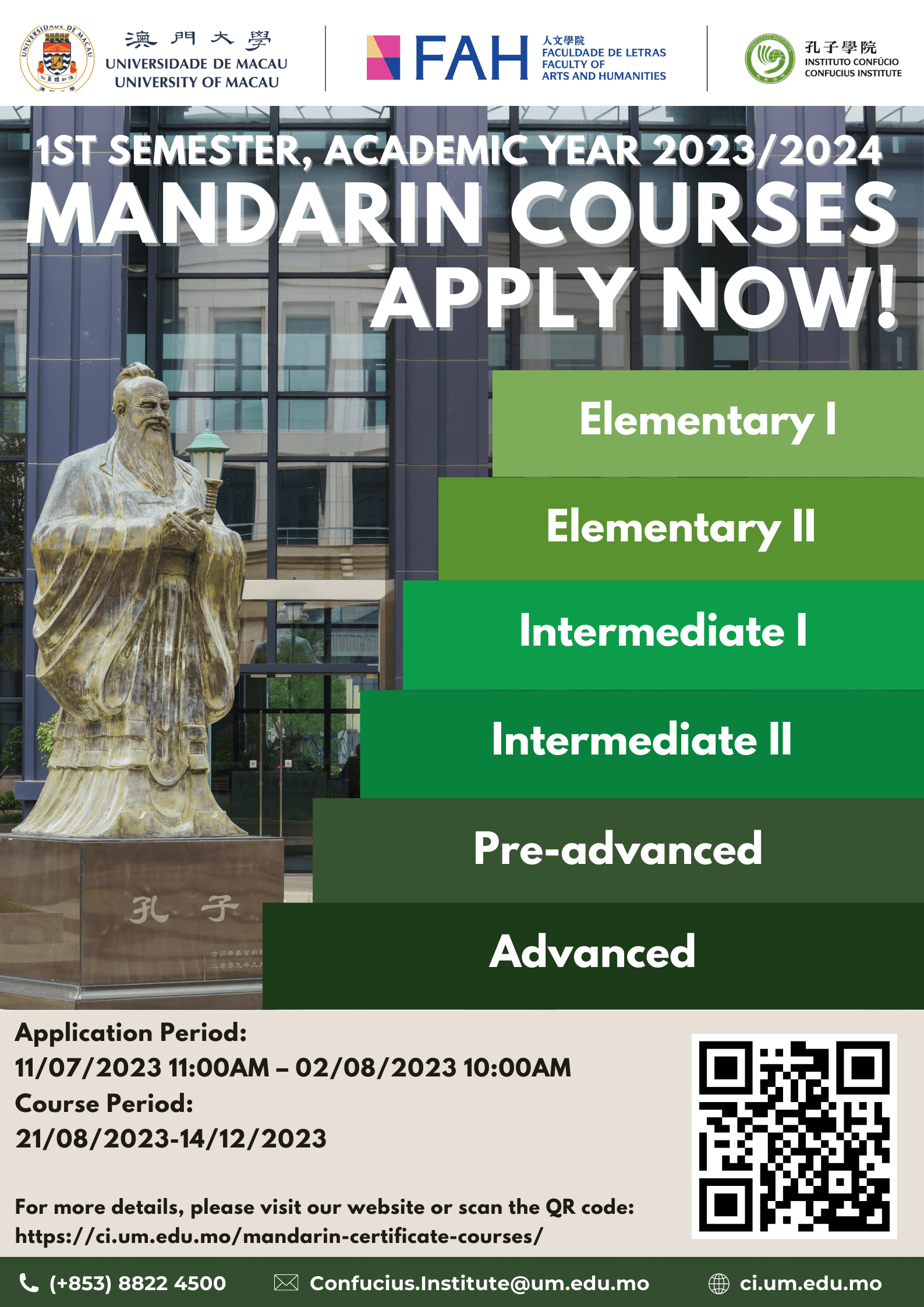 UM Confucius Institute Mandarin courses in Fall 2023 are now open for application (Deadline: 2 ...