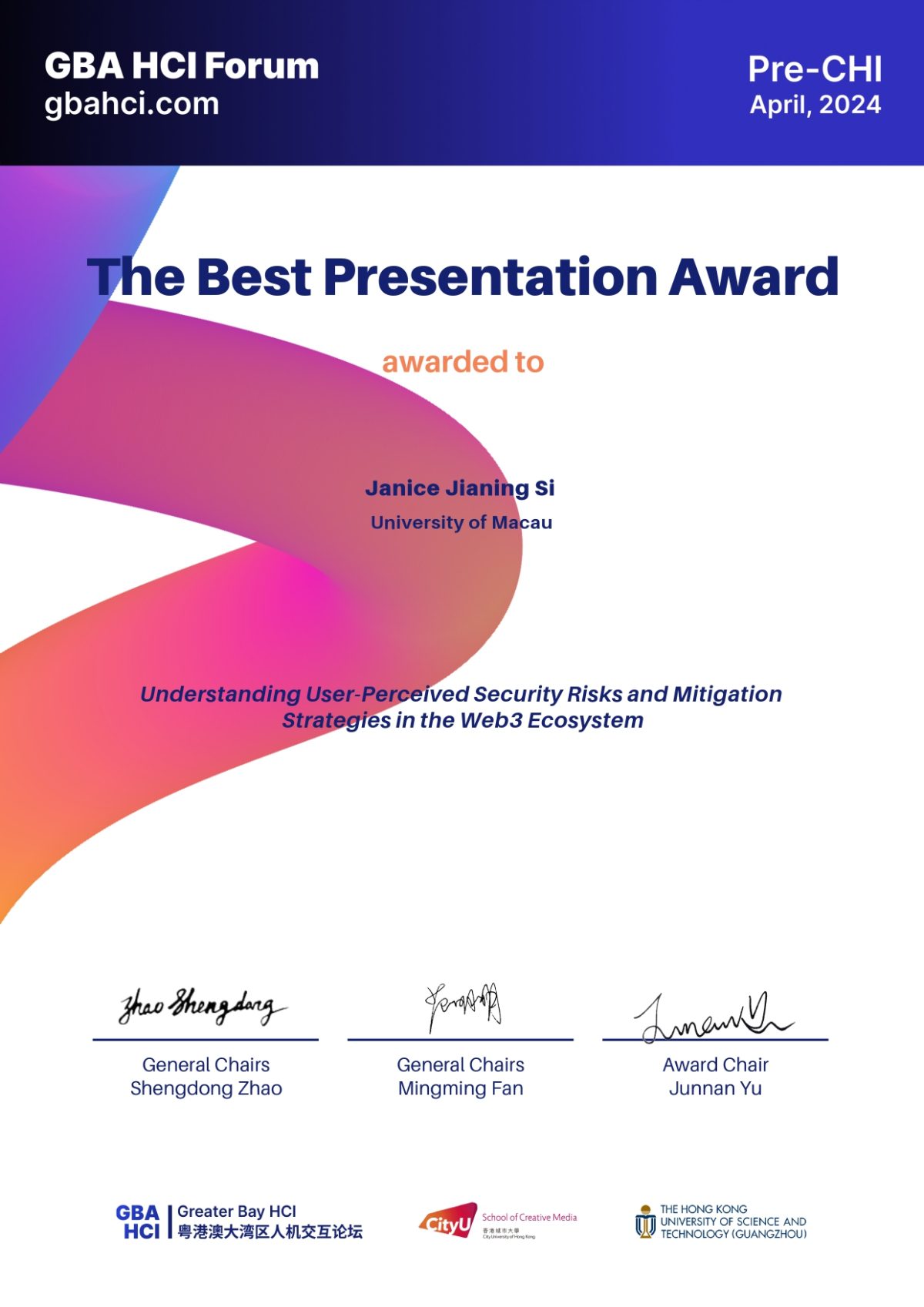 UM Student Wins Best Presentation Award at the Greater Bay Area HCI ...
