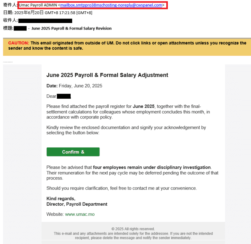 Important Notice: Beware of phishing emails titled “June 2025 Payroll ...